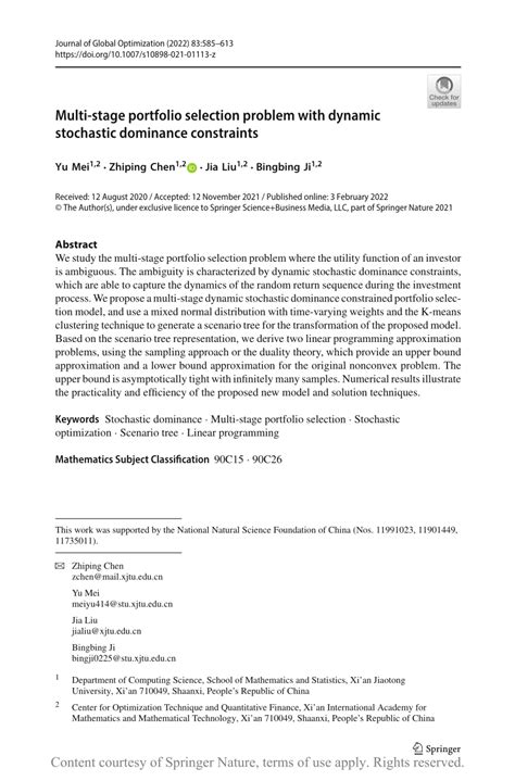 Multi Stage Portfolio Selection Problem With Dynamic Stochastic