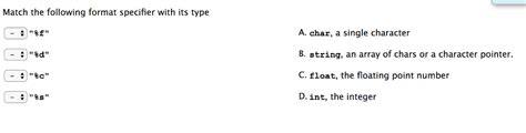 solved match the following format specifier with its type a