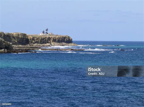 바다 절벽 위에 집과 나무 강한 파도 용기 사람 바위 자연 나무 수평선과 일광에 맑은 푸른 하늘 0명에 대한 스톡 사진 및 기타