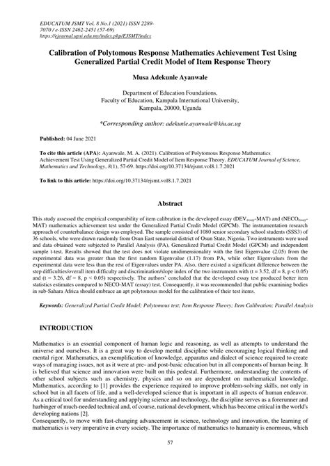 Pdf Calibration Of Polytomous Response Mathematics Achievement Test Using Generalized Partial