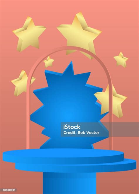 추상적인 밝은 빨강 금색 및 파란색 모형 제품 디스플레이 프리젠테이션을 위한 벡터 실린더 받침대 연단 최소한의 기하학적 무대 쇼케이스 0명에 대한 스톡 벡터 아트 및 기타