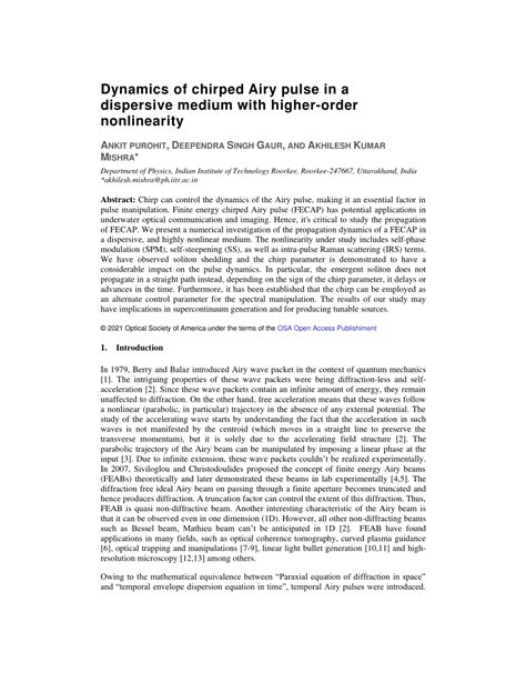 Pdf Dynamics Of Chirped Airy Pulse In A Dispersive Medium With Higher