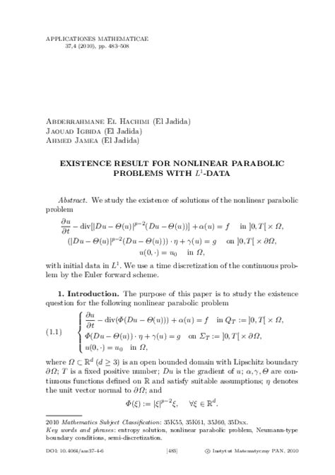 Pdf Existence Result For Nonlinear Parabolic Problems With L 1 Data