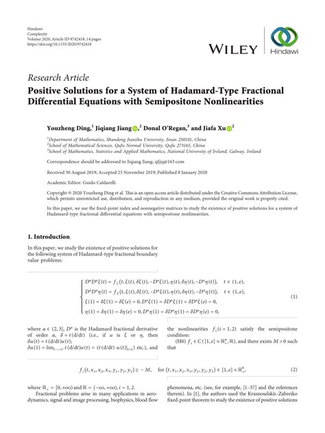 Pdf Positive Solutions For A System Of Hadamard Type Fractional