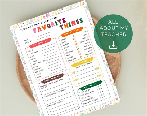 All About My Teacher Printable Teacher Favorites List Get To Know My