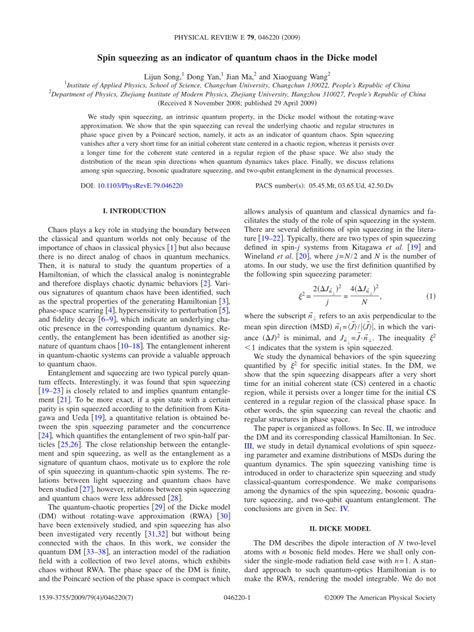 Pdf Spin Squeezing As An Indicator Of Quantum Chaos In The Dicke Model