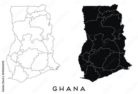 Ghana Map Of Regions Districts Vector Black On White And Outline Stock