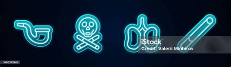 세트 라인 파이프 흡연 뼈와 두개골 폐 및 담배 금지 빛나는 네온 아이콘입니다 벡터 건강 진단에 대한 스톡 벡터 아트 및 기타 이미지 건강 진단 건강관리와 의술 고풍