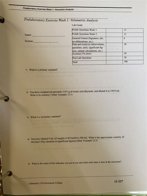 Solved Prelaboratory Exercise Week 1 Volumetric Analysis