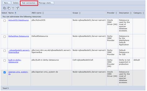 how to test datasource connection from websphere admin console in mdm