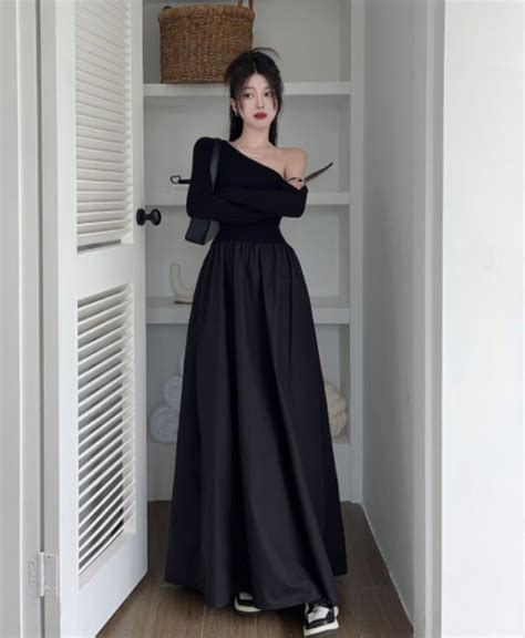 사선 오프숄더 블랙 롱원피스