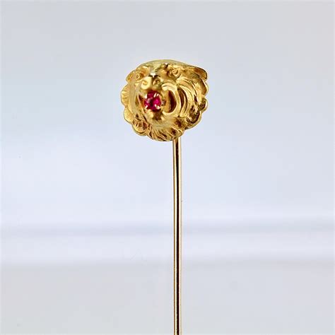 Old Or Antique Signed Figural 14k Gold And Ruby Lions Head Stickpin At