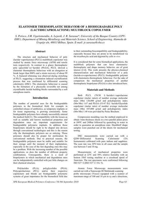 Pdf Elastomer Thermoplastic Behaviour Of A Biodegradable Poly