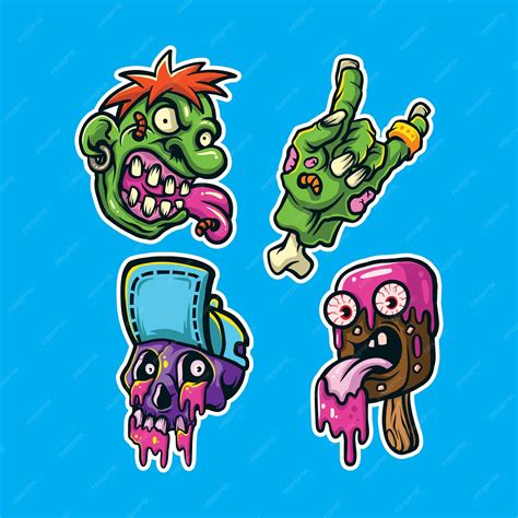 배지 엠블럼과 티셔츠 인쇄를 위한 현대적인 일러스트레이션 컨셉 스타일을 갖춘 몬스터 마스코트 로고 디자인 벡터 몬스터 스티커 팩 일러스트레이션 프리미엄 벡터