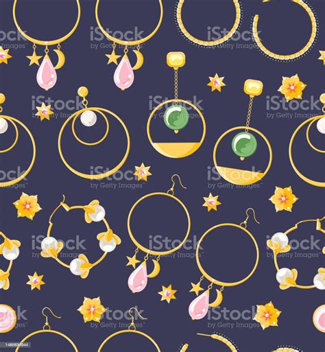 진한 파란색 배경에 진주 귀걸이 원활한 패턴입니다 골드 에메랄드 보석 펜던트 보석 후프 액세서리 벡터 평면 일러스트레이션 웨딩 카드 패브릭 벽지 포장지 포스터 0명에 대한