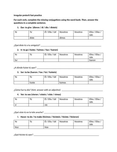 Irregular Preterit Fast Practice Teaching Resources