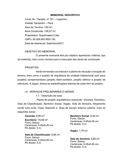 Memorial Descritivo Pdf Argamassa Alvenaria Tanque Séptico