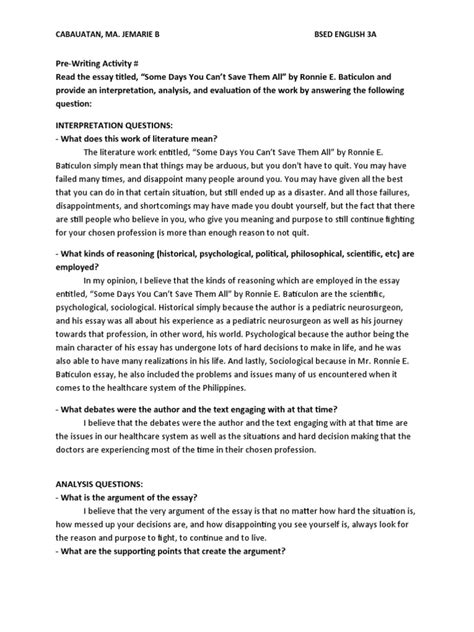 Pre Writing Activity 1 In Literary Criticism Pdf Reason Essays