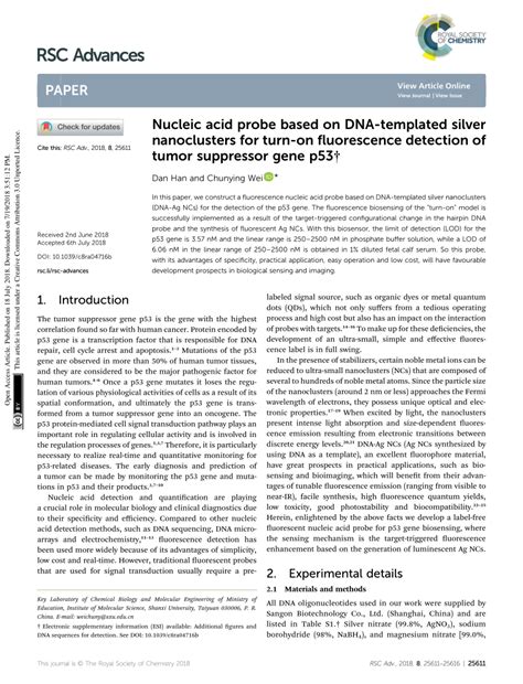 Pdf Nucleic Acid Probe Based On Dna Templated Silver Nanoclusters For Turn On Fluorescence