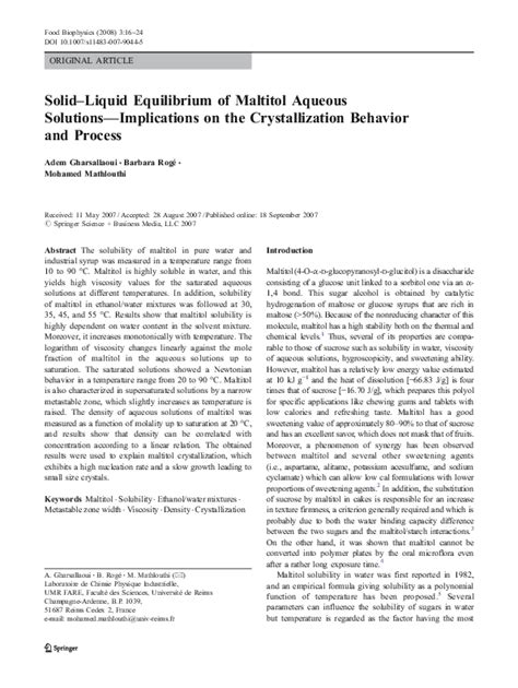 Pdf Solidliquid Equilibrium Of Maltitol Aqueous Solutions