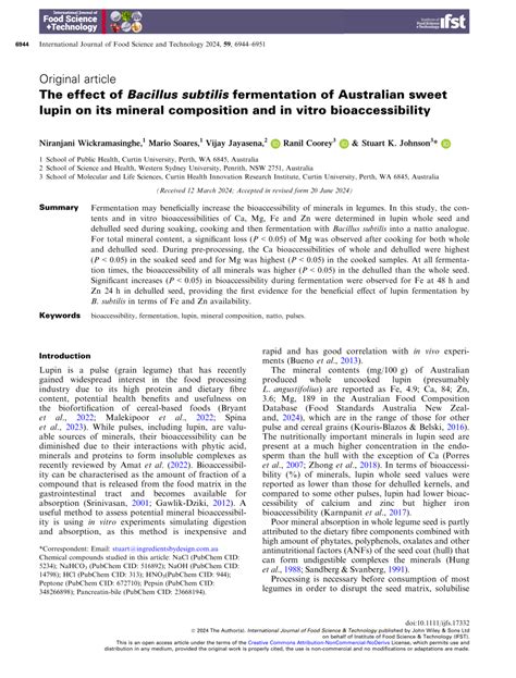 Pdf The Effect Of Bacillus Subtilis Fermentation Of Australian Sweet Lupin On Its Mineral