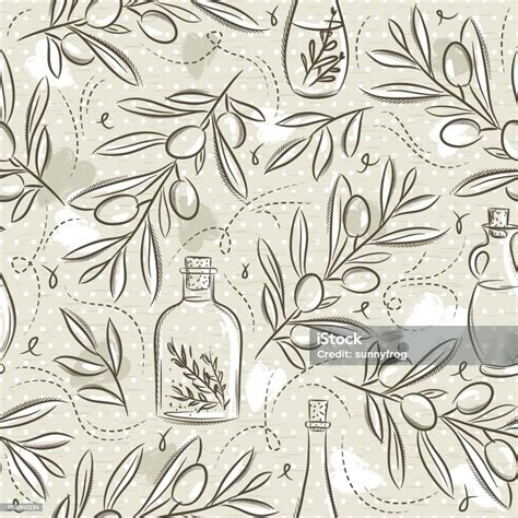 그런 지 배경에 올리브 식물과 병 베이지 원활한 패턴 직물 및 종이 또는 스크랩 예약 벡터에 인쇄하는 데 이상적입니다 건강한 식생활에 대한 스톡 벡터 아트 및 기타 이미지
