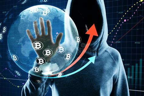 Hacker In Hoodie Using Glowing Globe Hologram With Financial Arrows And