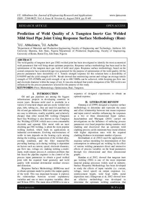 Pdf Prediction Of Weld Quality Of A Tungsten Inertr Gas Welded Mild Steel Pipe Joint Using