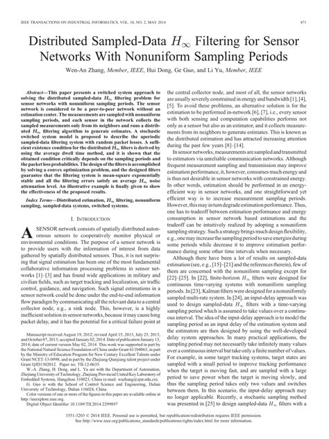 Pdf Distributed Sampled Data Hinfty Filtering For Sensor Networks With Nonuniform