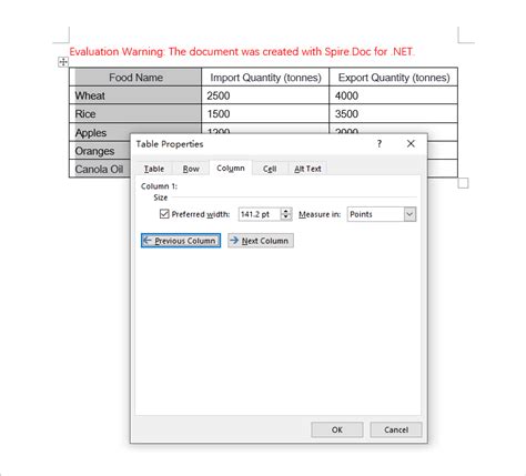 c set the column width of a word table