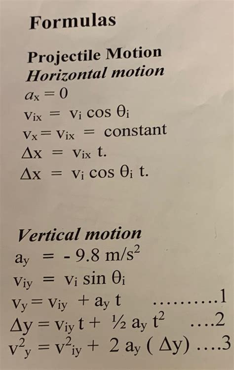 Solved The Image Below Shows A Formula Sheet For Projectile