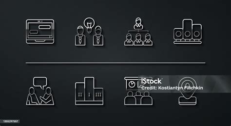 랩톱 랭킹 스타 트레이닝 프리젠테이션 수상자 포디움 램프 전구 작업자 위치 및 계층 구조 오르간차트 아이콘을 통해 상에 라인 채팅 메시지를 설정합니다 벡터 1위에 대한 스톡