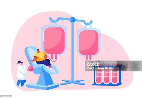 여성 간호사 문자 혈액을 받고 의료 의자에 앉아 남성 기증자에게 고무 공을주는 의료 및 자선 수혈 혈액 기증 연구소 만화 사람 벡터 일러스트 가방에 대한 스톡 벡터 아트 및