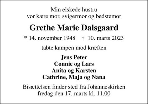 Grethe Marie Dalsgaard Dødsannoncer I Danmark