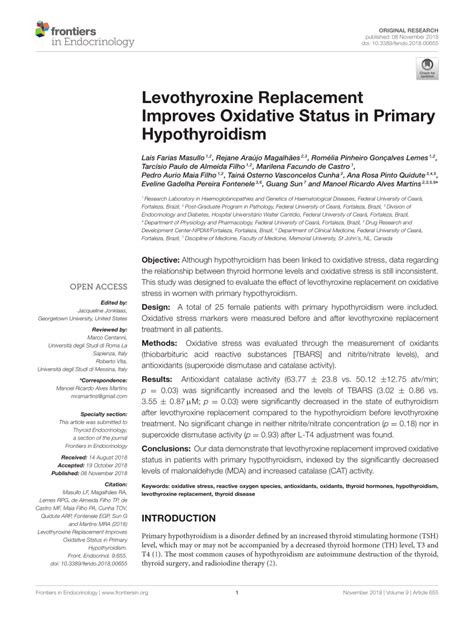 Pdf Levothyroxine Replacement Improves Oxidative Status In Primary