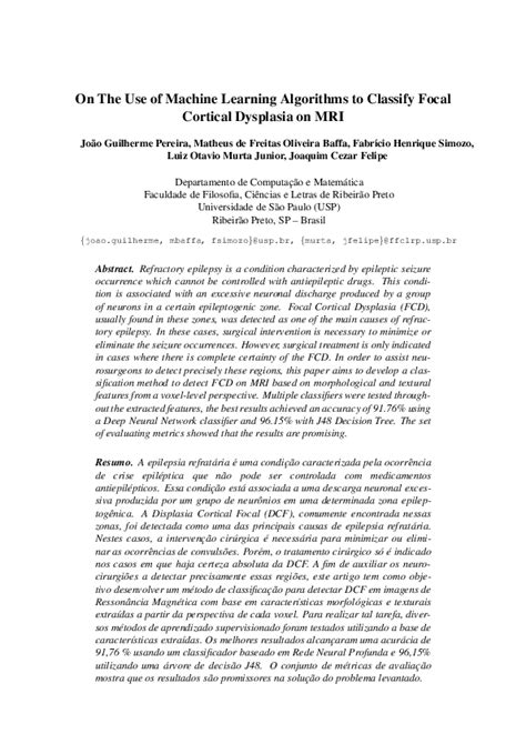 Pdf On The Use Of Machine Learning Algorithms To Classify Focal Cortical Dysplasia On Mri