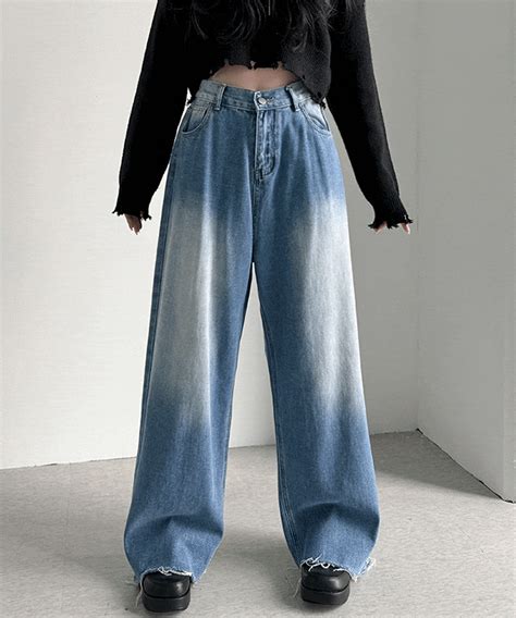 머랭 폼 블루 그라데이션 통 와이드 워싱 루즈핏 데님 팬츠 에이블리