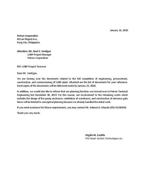 Lobp Project Document Turnover Letter Pdf Technology And Engineering