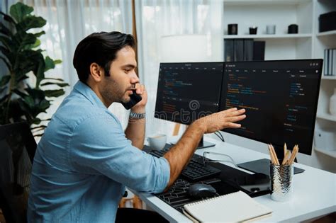 It Developer Calling To Coworker Solving Problem Coding System On Pc