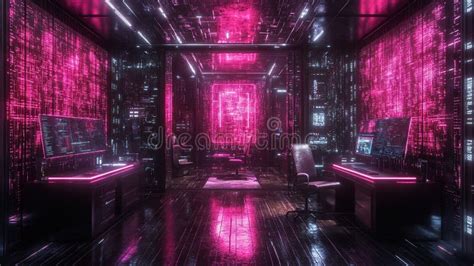 Futuristic Neon Lit Cyber Themed Workspace Rows Of Glowing Code