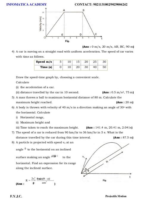 Class 11 Important Questions For Physics Projectile Motion