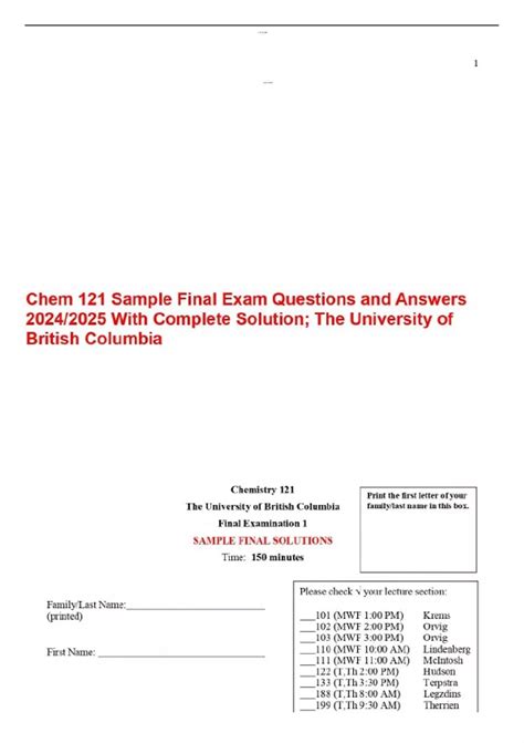 Chem 121 Sample Final Exam Questions And Answers 20242025 With