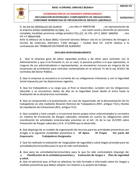 Formulario Anexo D1 Declaración Responsable Cumplimiento De