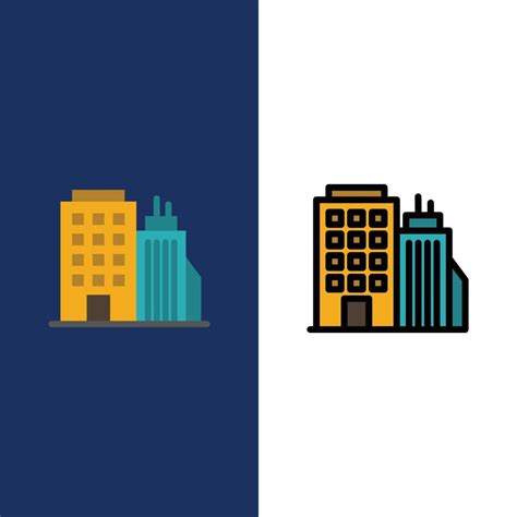 Building Office Tower Head Office Icons Flat And Line Filled Icon Set