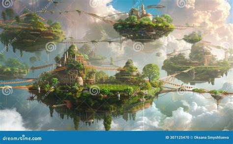 Fantasy Floating Islands With Connected Walkways Fantasy Landscape Of Lush Floating Islands