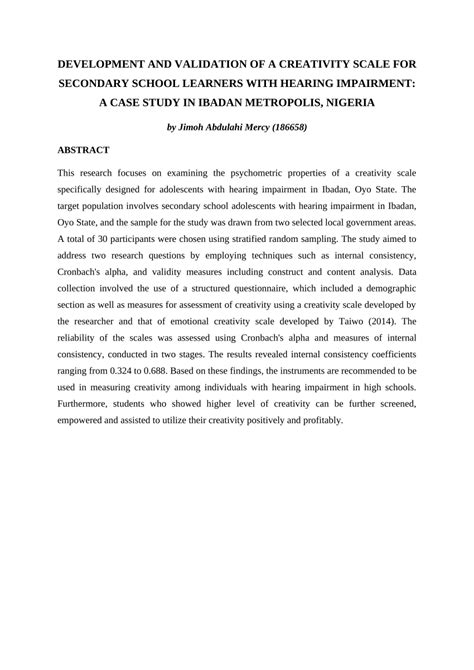 Pdf Development And Validation Of A Creativity Scale For Secondary School Learners With