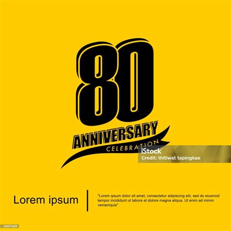 창립 80주년 기념 엠블럼 검은 기념일 로고는 노란색 배경에 리본으로 고립되어 있습니다 웹 전단지 포스터 초대장 인사말 카드에 대 한 벡터 일러스트 레이 션 템플릿 디자인