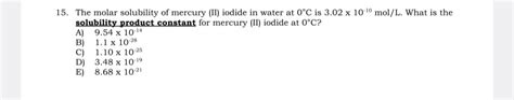 Solved 15 The Molar Solubility Of Mercury Ii Iodide In