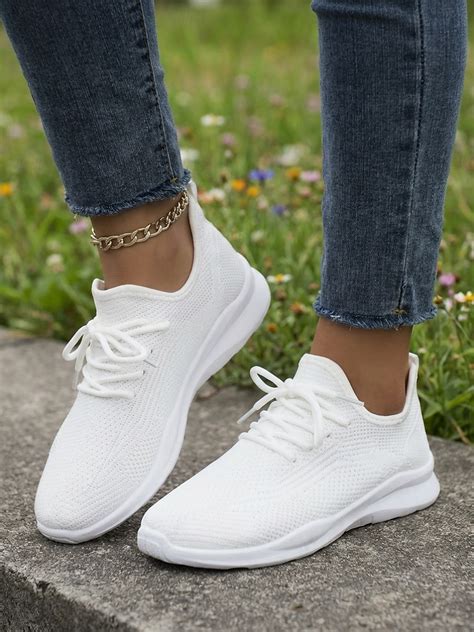 Womens White Knit Sneakers Lightweight Breathable Lace Up Design