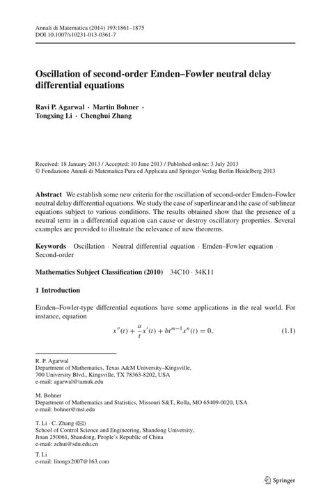 Pdf Oscillation Of Second Order Emdenfowler Neutral Delay Differential Equations